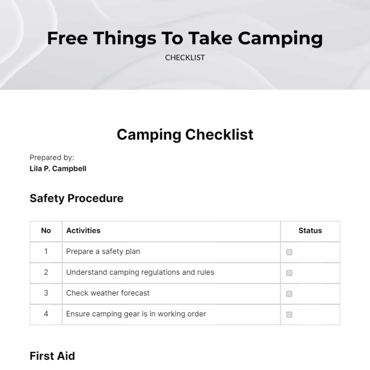 Things To Take Camping Checklist - Edit Online & Download Example