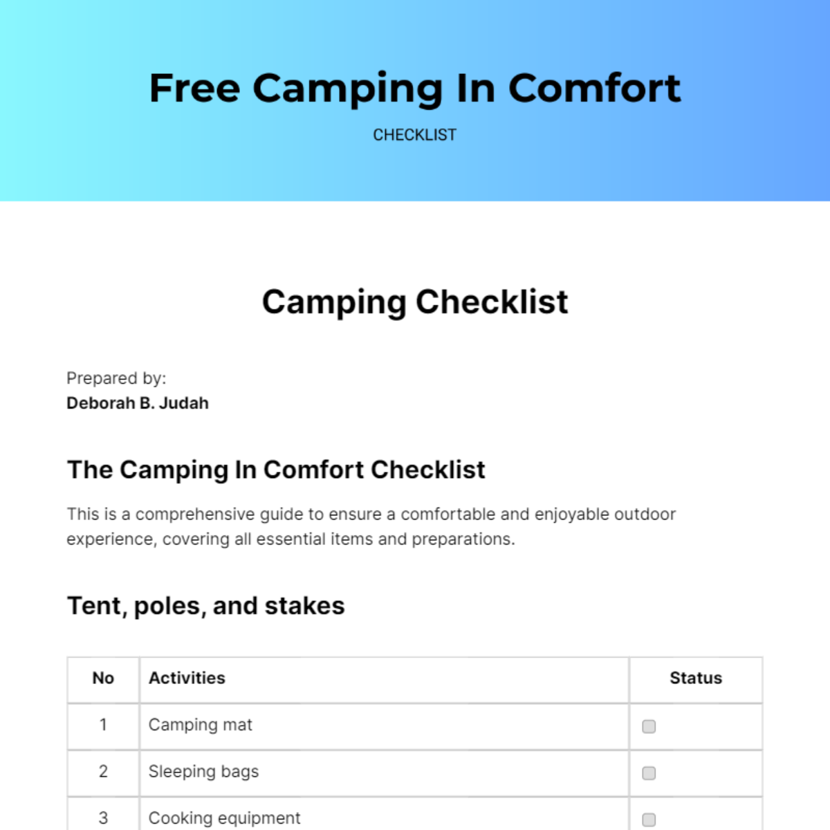 Camping In Comfort Checklist - Edit Online & Download Example