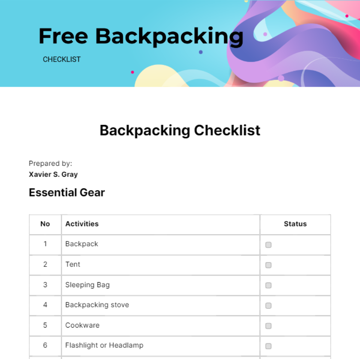 Backpacking Checklist - Edit Online & Download Example