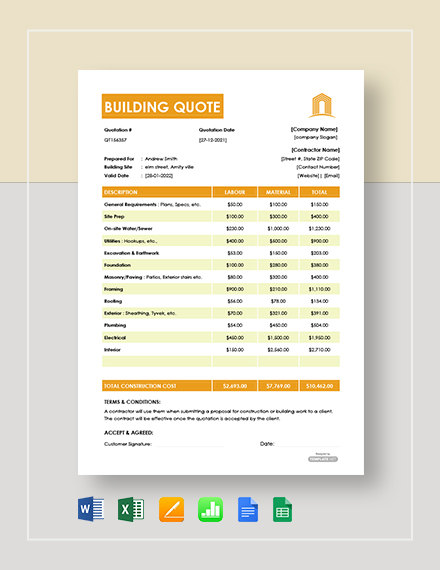 Construction Quotation Templates in Microsoft Excel (XLS) | Template.net
