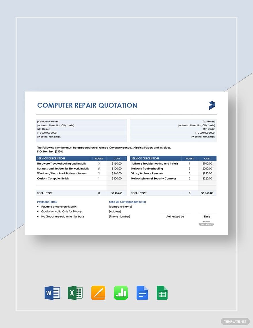 Building Repair Quotation Template - Google Docs, Google Sheets, Excel, Word, Apple Numbers ...