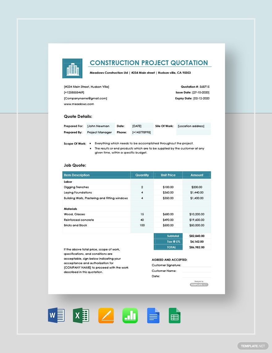 Construction Quotation Google Sheet Templates Free Download 