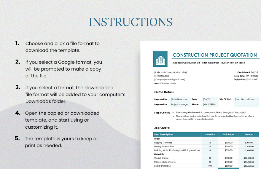Construction Project Quotation Template - Download in Word, Google Docs, Excel, Google Sheets ...