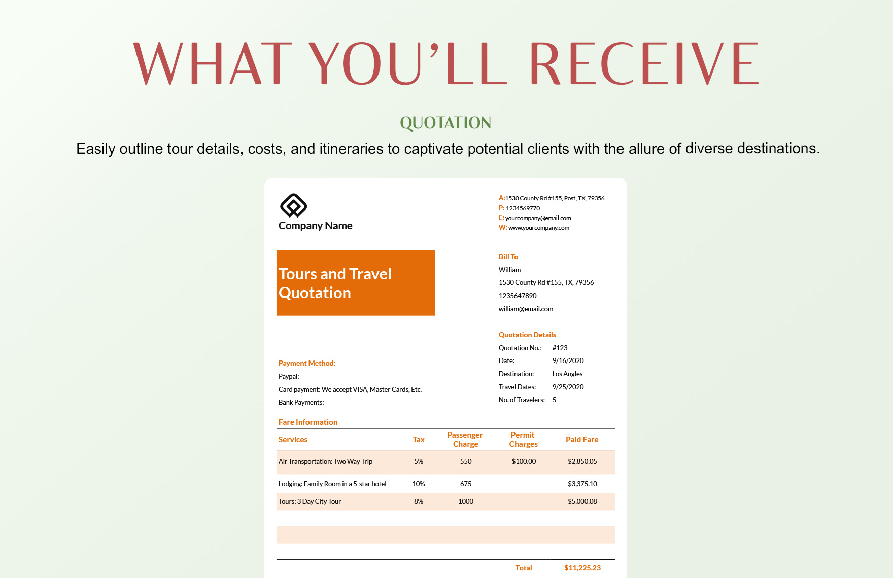 Tours and Travel Quotation Template in Google Sheets, Numbers, Pages ...