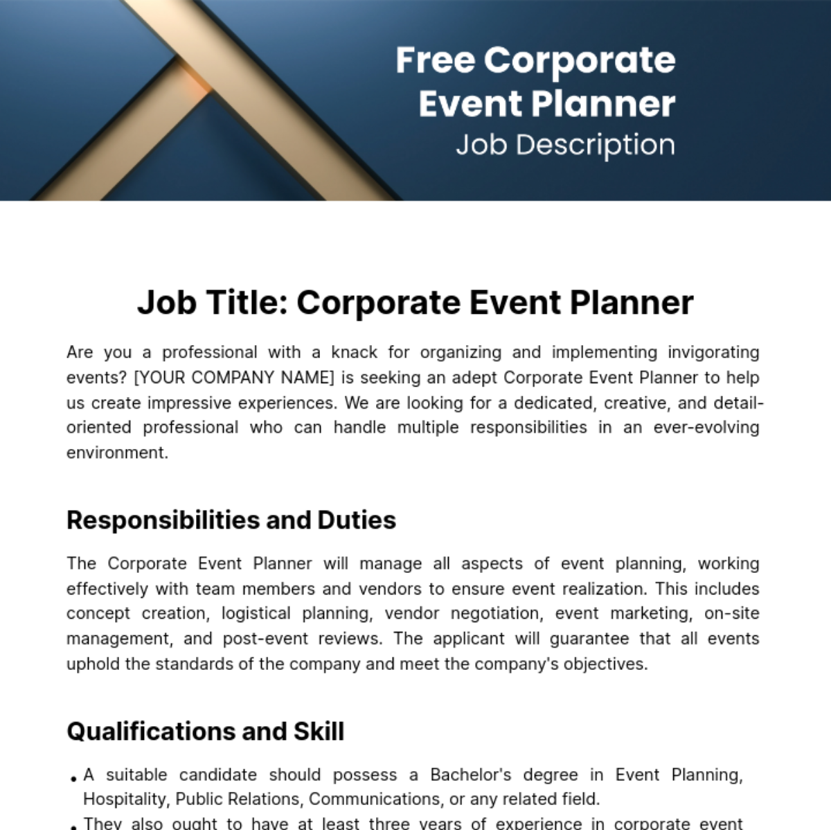 Corporate Event Planner Job Description Template Edit Online
