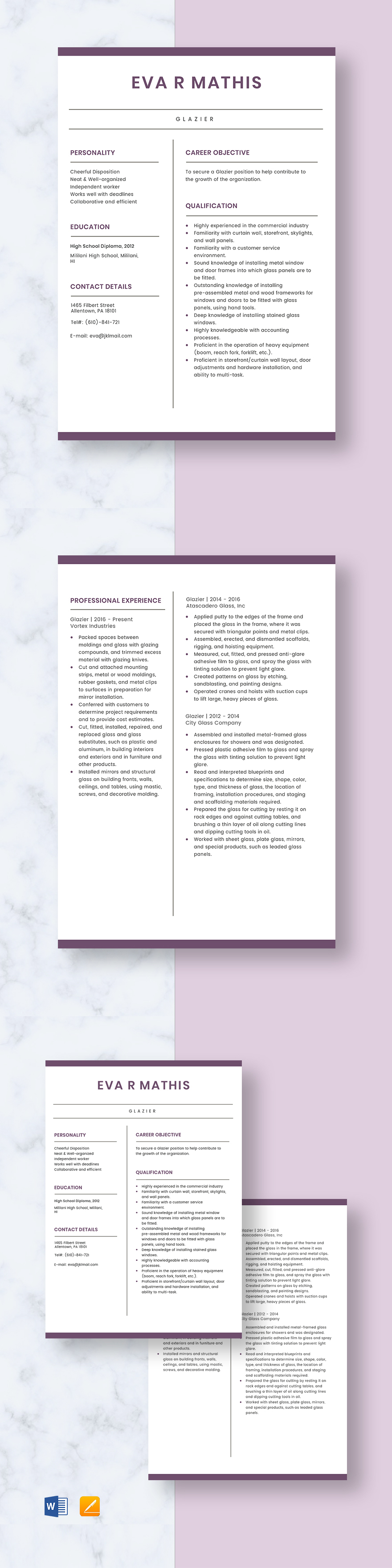 Glazier Resume Template - Word, Apple Pages | Template.net