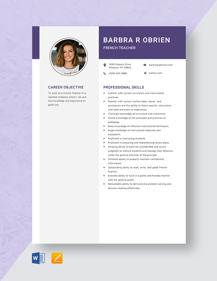 French Teacher Resume - Word, Apple Pages | Template.net