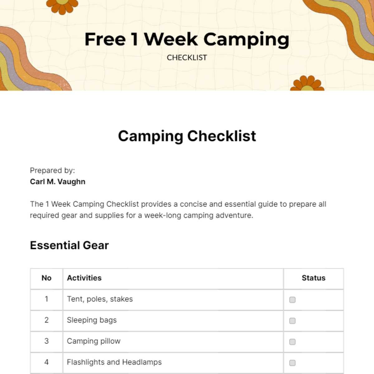 1 Week Camping Checklist - Edit Online & Download Example