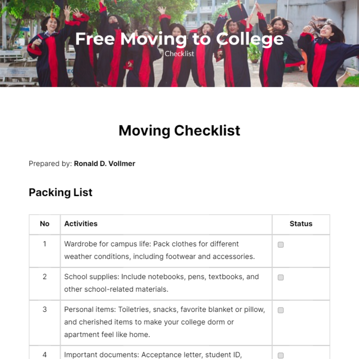Moving to College Checklist - Edit Online & Download Example