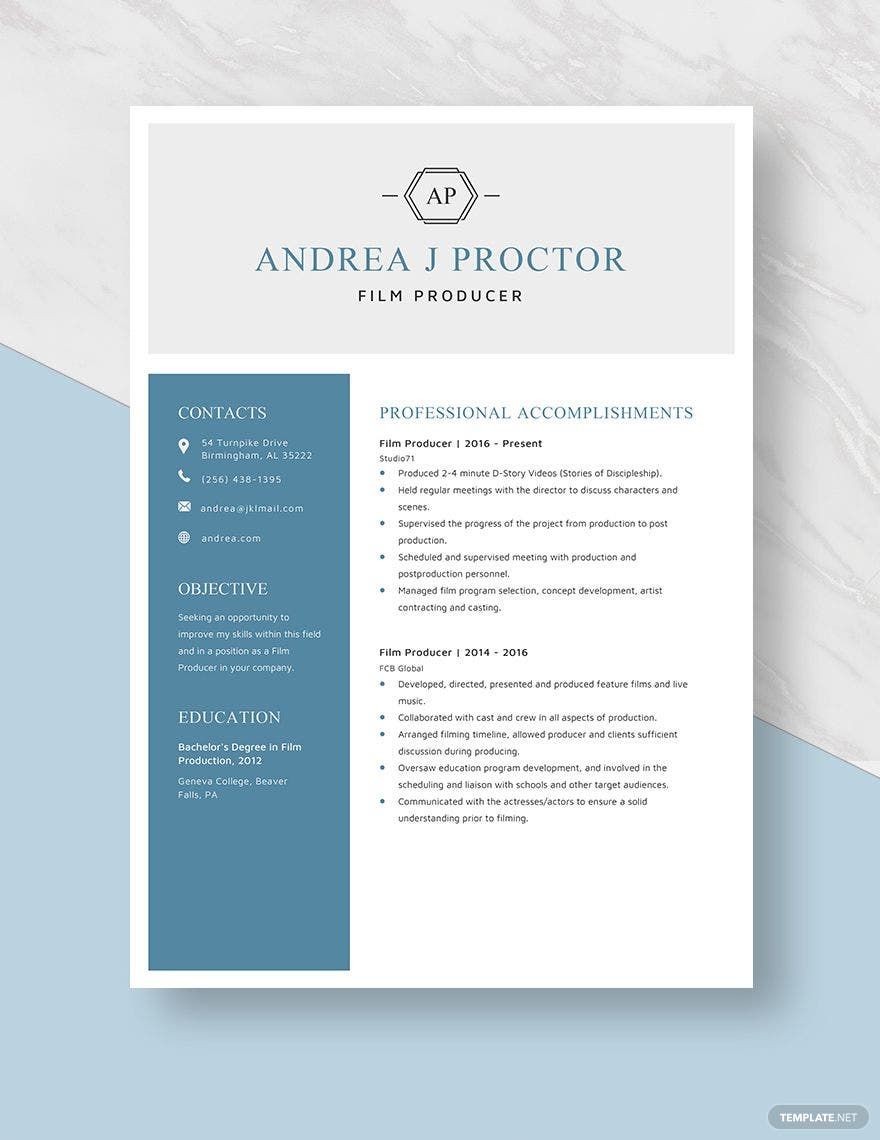 Film Producer Resume Word Apple Pages Template