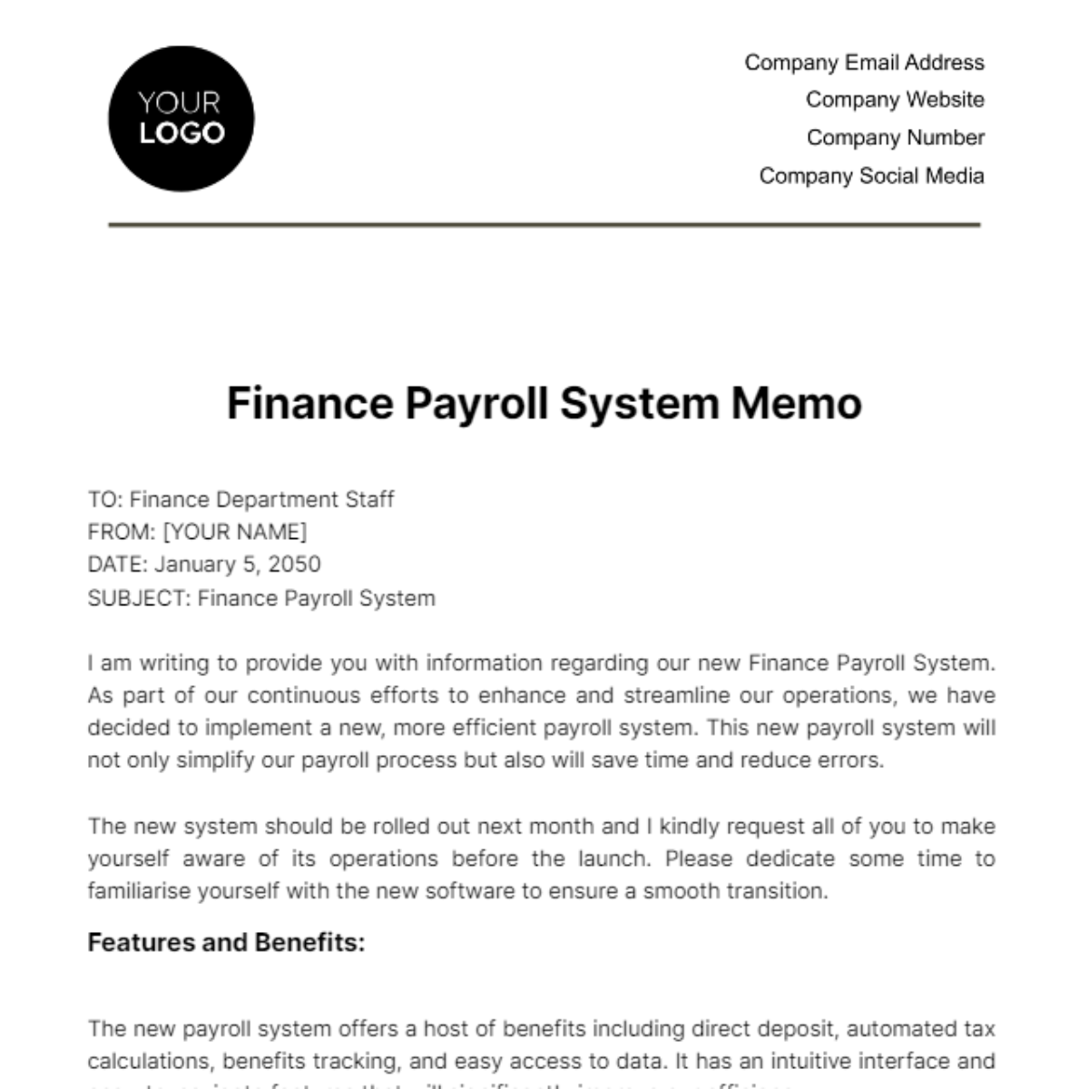 Finance Payroll System Memo Template - Edit Online & Download Example ...