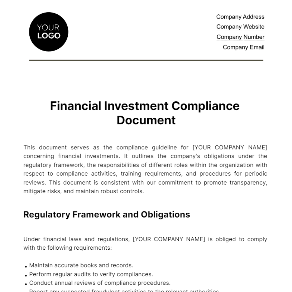 Financial Investment Compliance Document Template - Edit Online ...