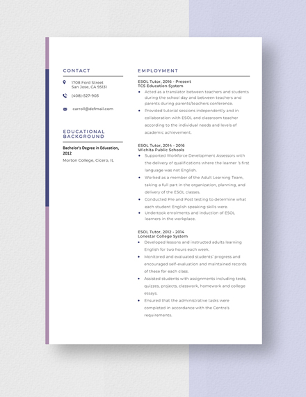 Esol Tutor Sample Resume