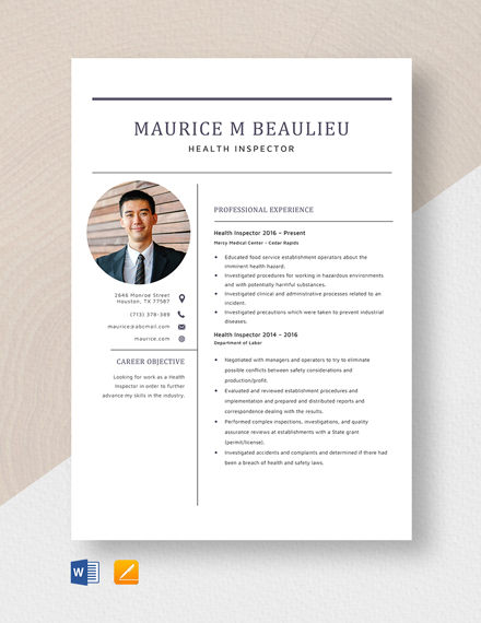 Free Public Health Inspector Resume - Download in Word, Apple Pages ...