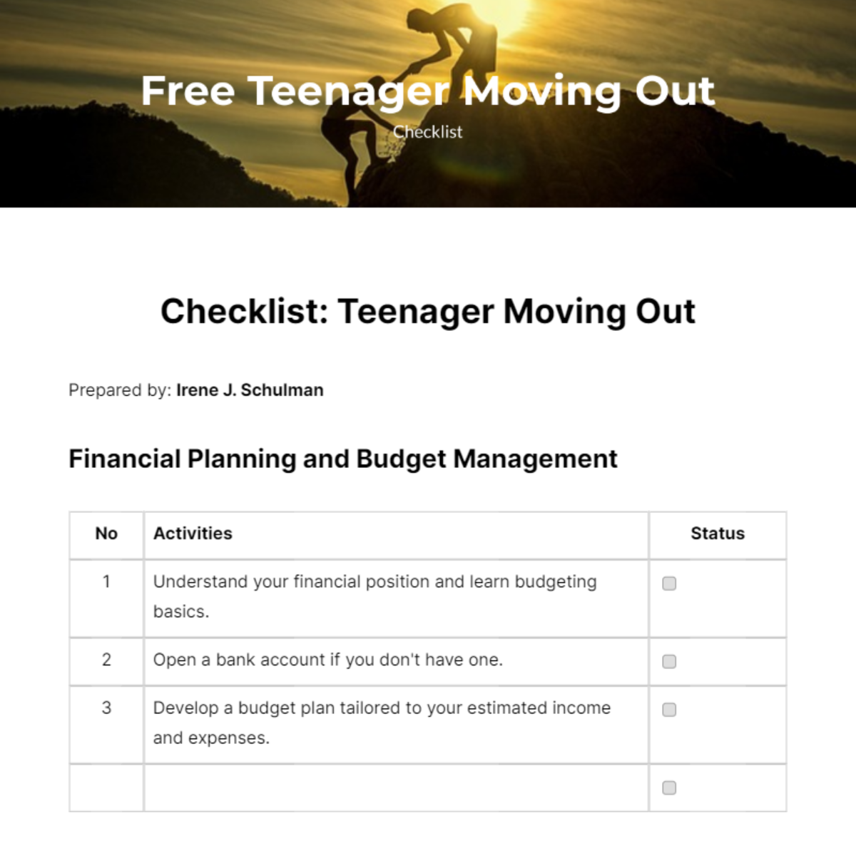 Teenager Moving Out Checklist - Edit Online & Download Example