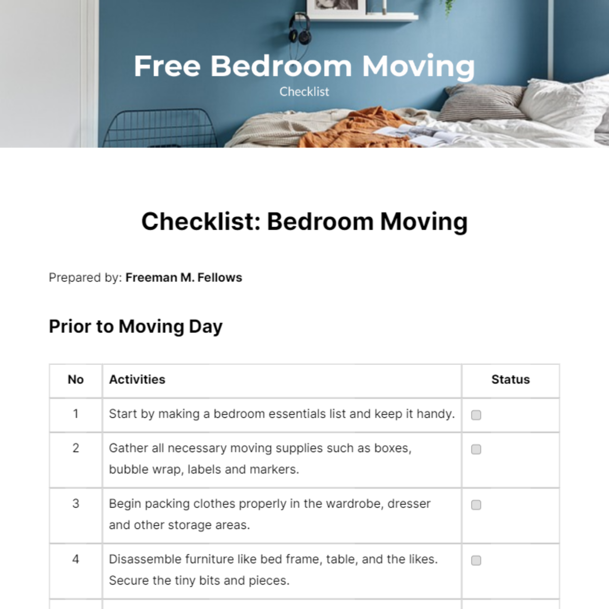 Free Bedroom Moving Checklist - Edit Online & Download | Template.net