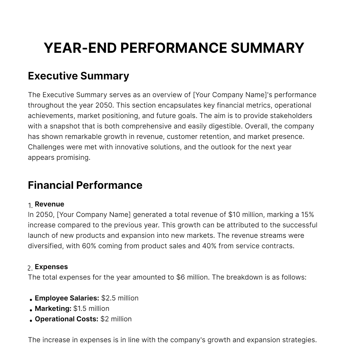 Free Year end Performance Summary HR Template To Edit Online