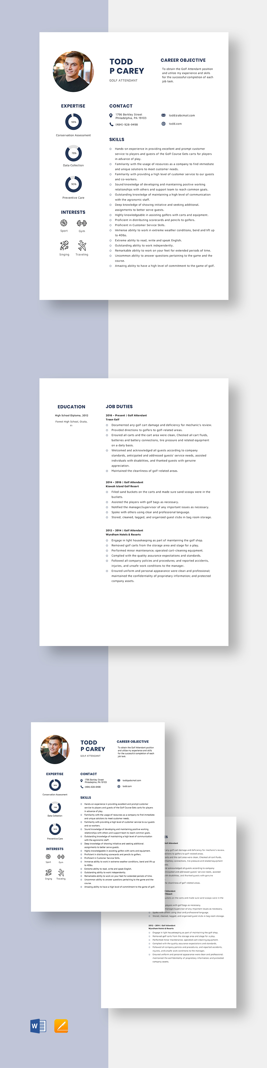 Experienced Golf Caddy Resume Template - Word, Apple Pages | Template.net