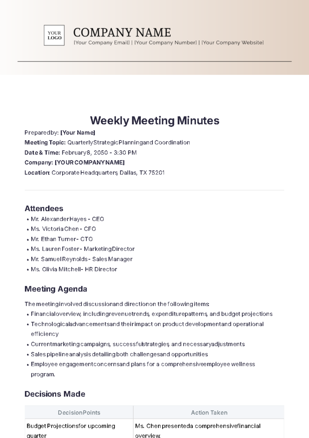 Aesthetic Weekly Meeting Minutes Template - Edit Online & Download ...