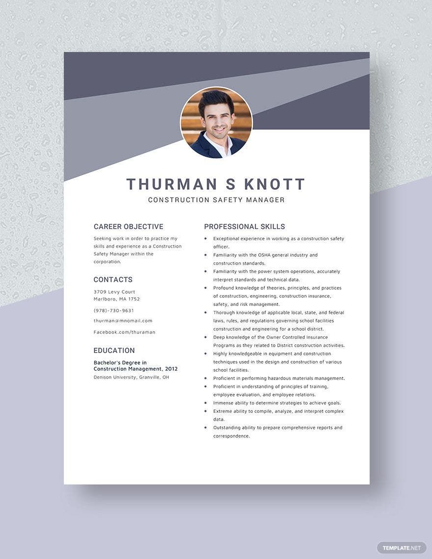 Construction Safety Manager Resume Template Word Apple Pages 