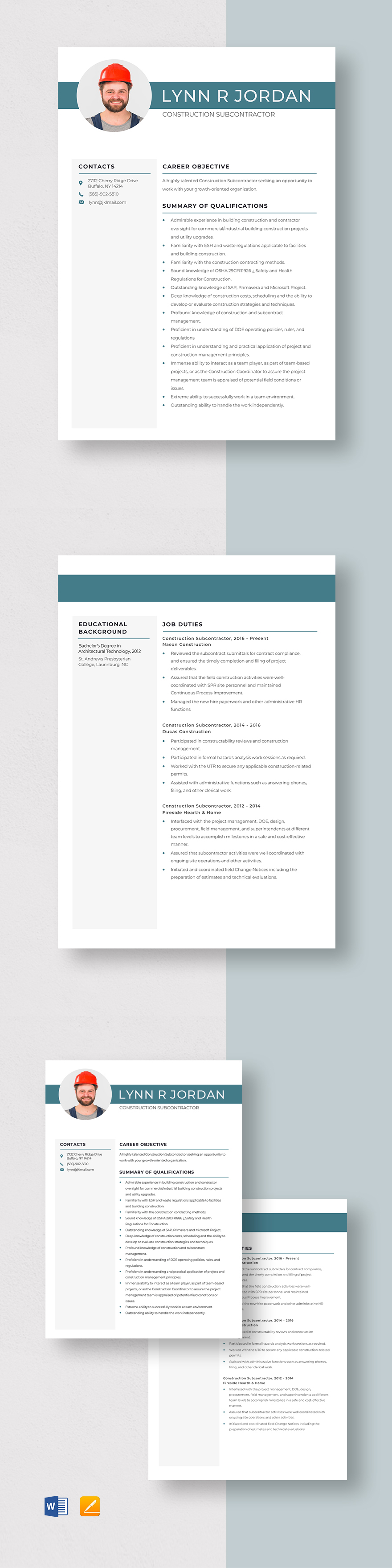Construction Subcontractor Resume Template - Word, Apple Pages ...