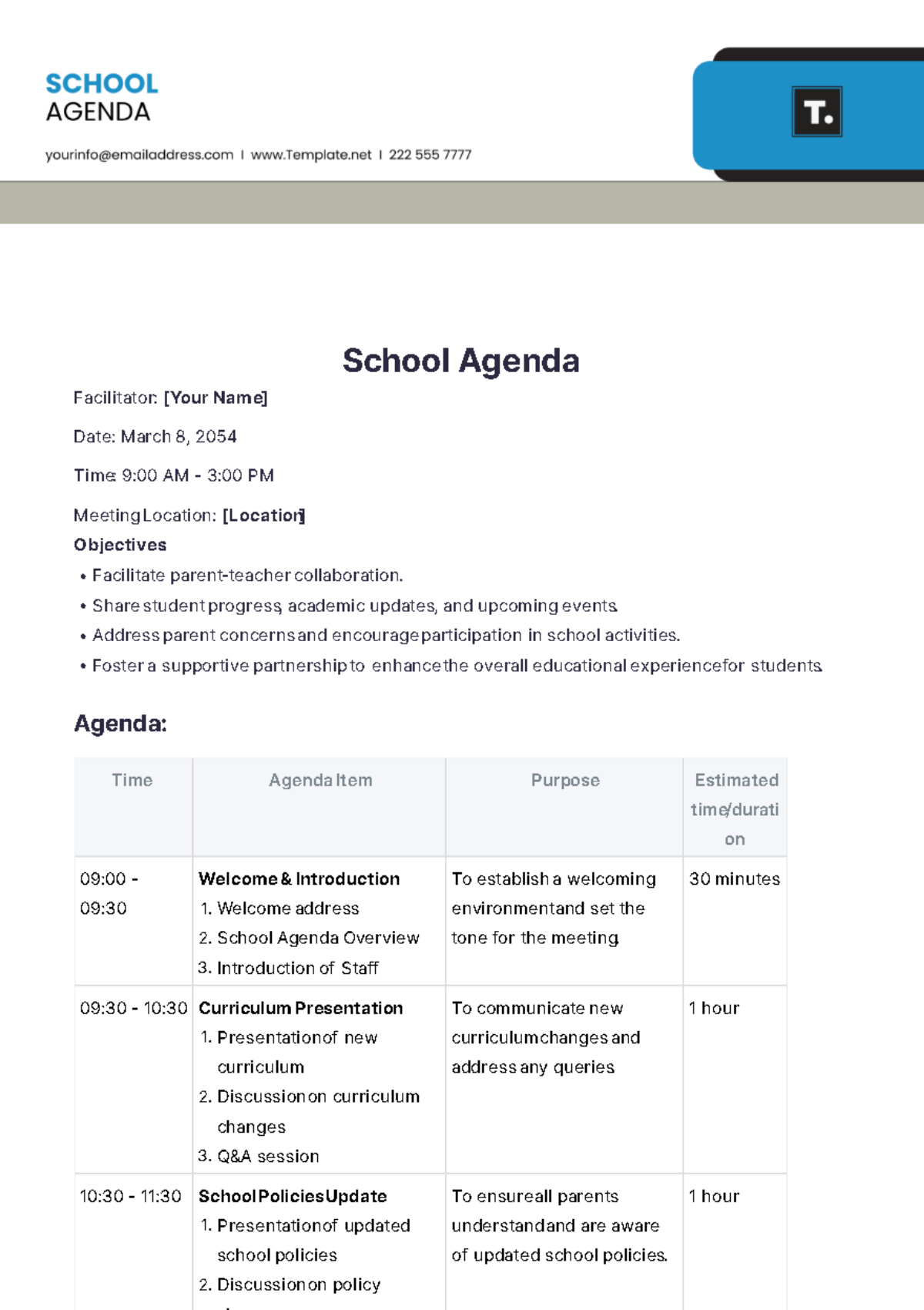 School Agenda Template - Edit Online & Download Example | Template.net