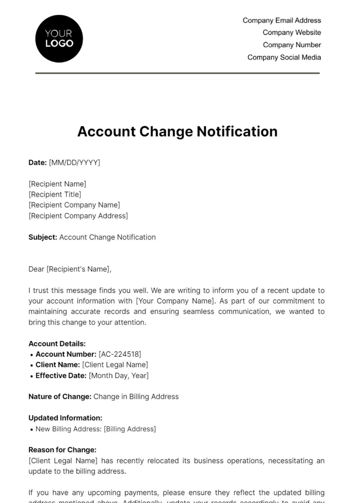 Free Account Change Notification Template To Edit Online