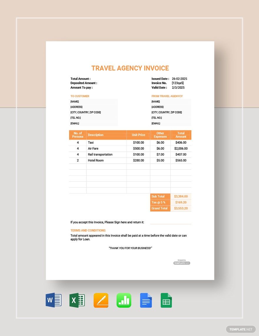 Editable Travel Agency Invoice Template - Google Docs, Google Sheets ...