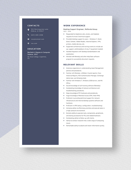 Desktop Support Engineer Resume Template Free Pages Word Apple 