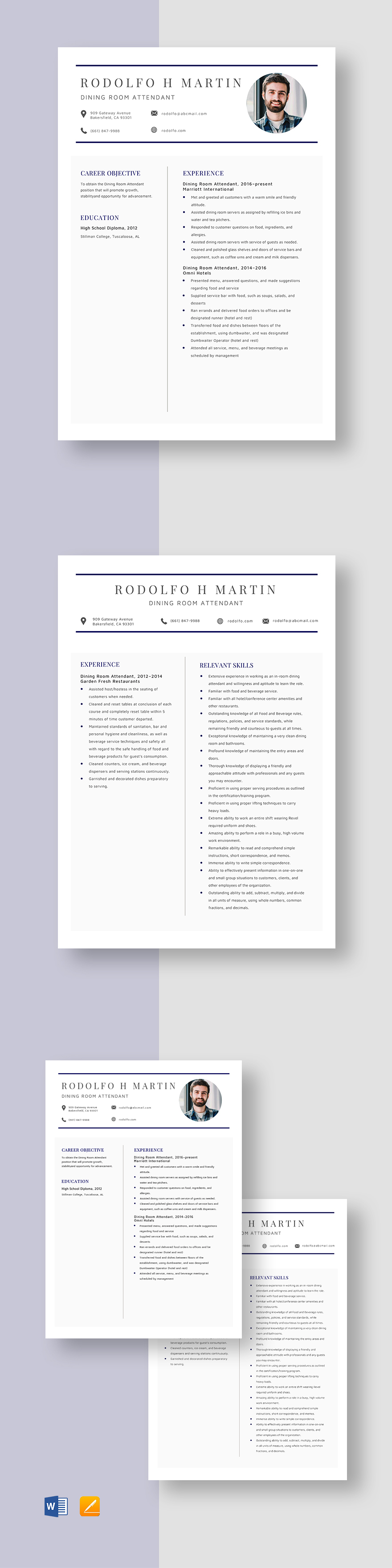 Free Dining Room Attendant Resume Template - Word, Apple Pages ...
