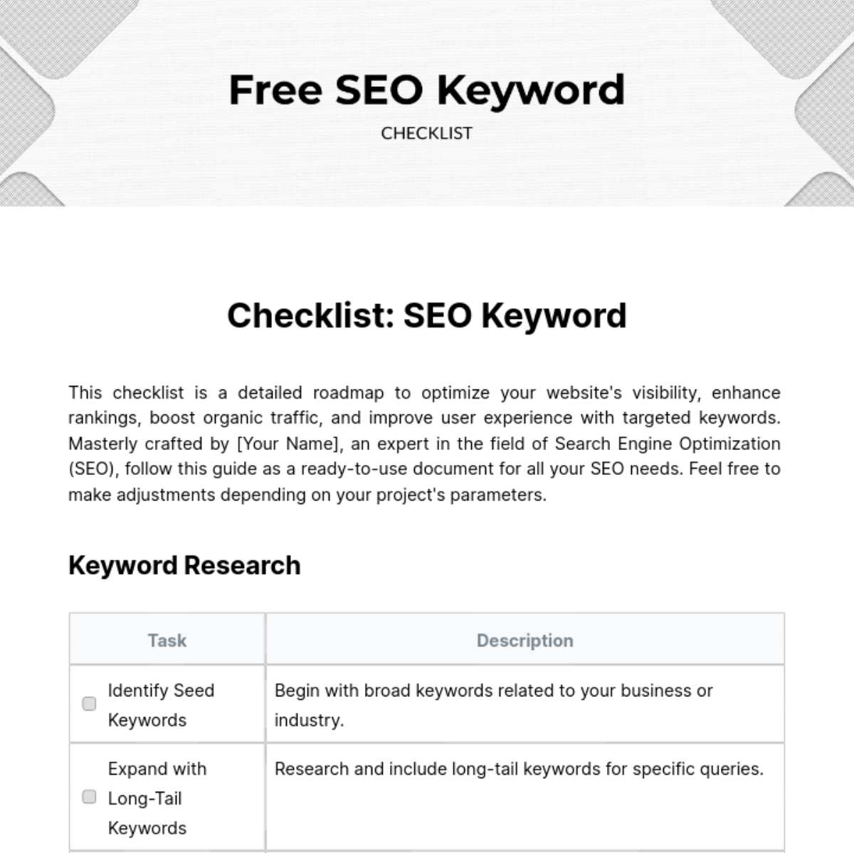Free SEO Keyword Checklist Template To Edit Online
