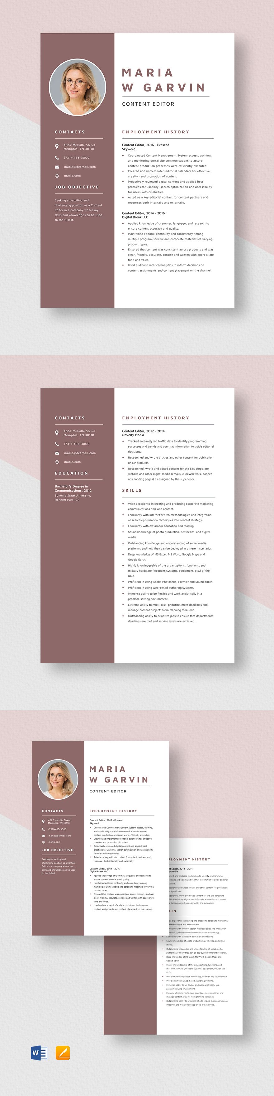 Free Content Editor Resume Template - Word, Apple Pages | Template.net
