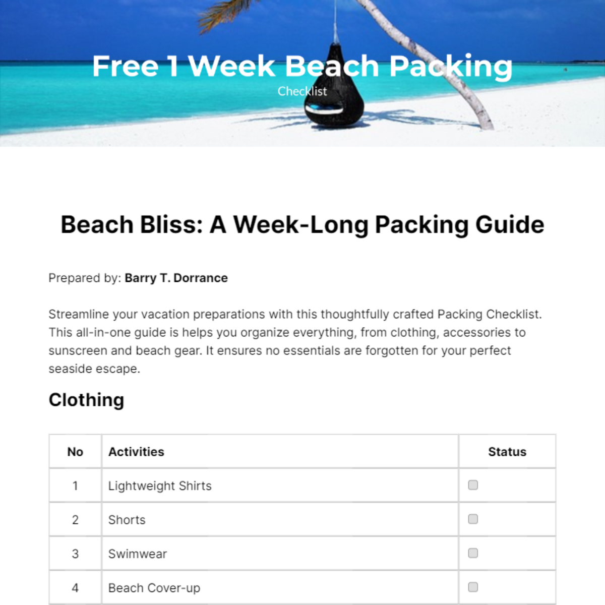 1 Week Beach Packing Checklist Template - Edit Online & Download ...