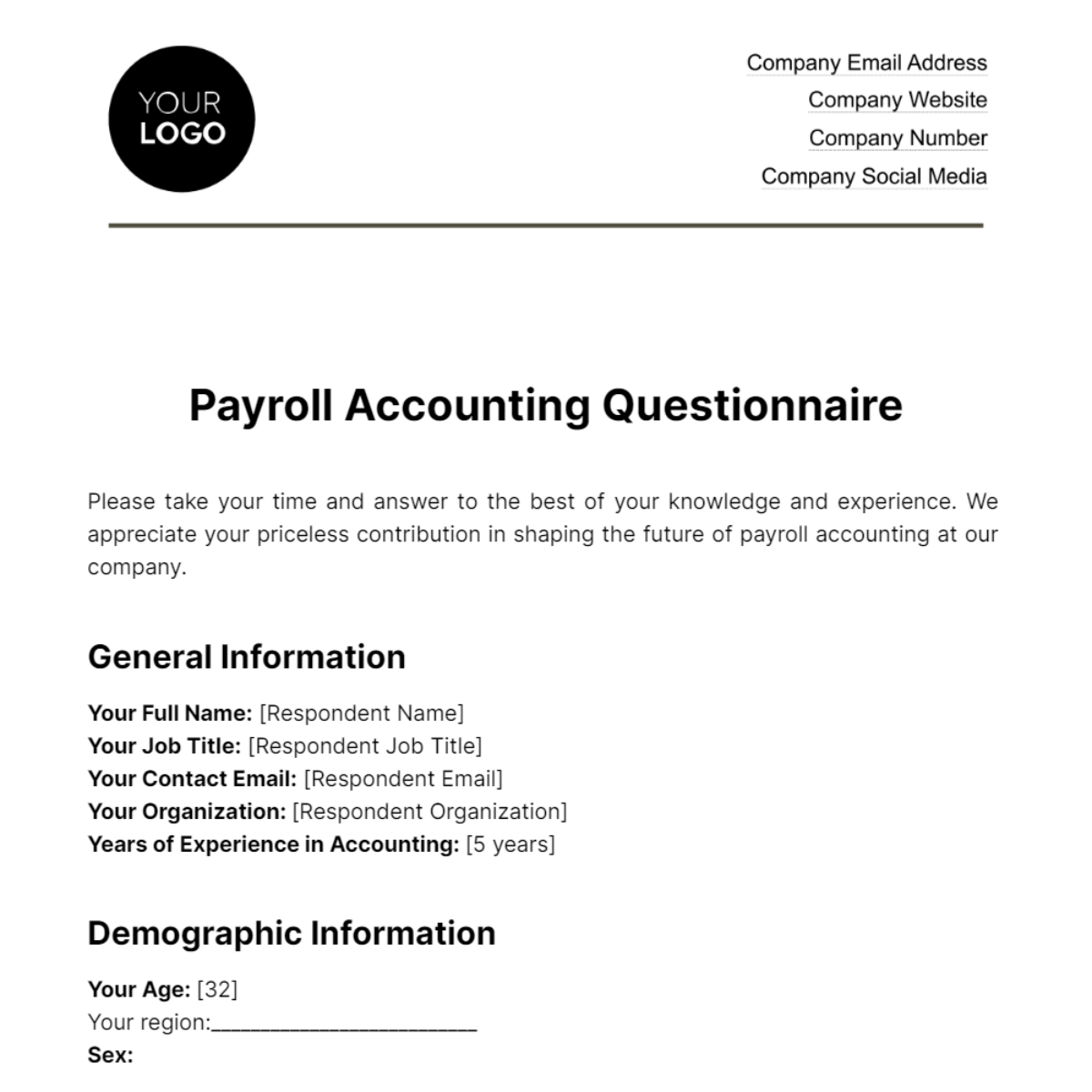 Payroll Accounting Questionnaire Template - Edit Online & Download ...