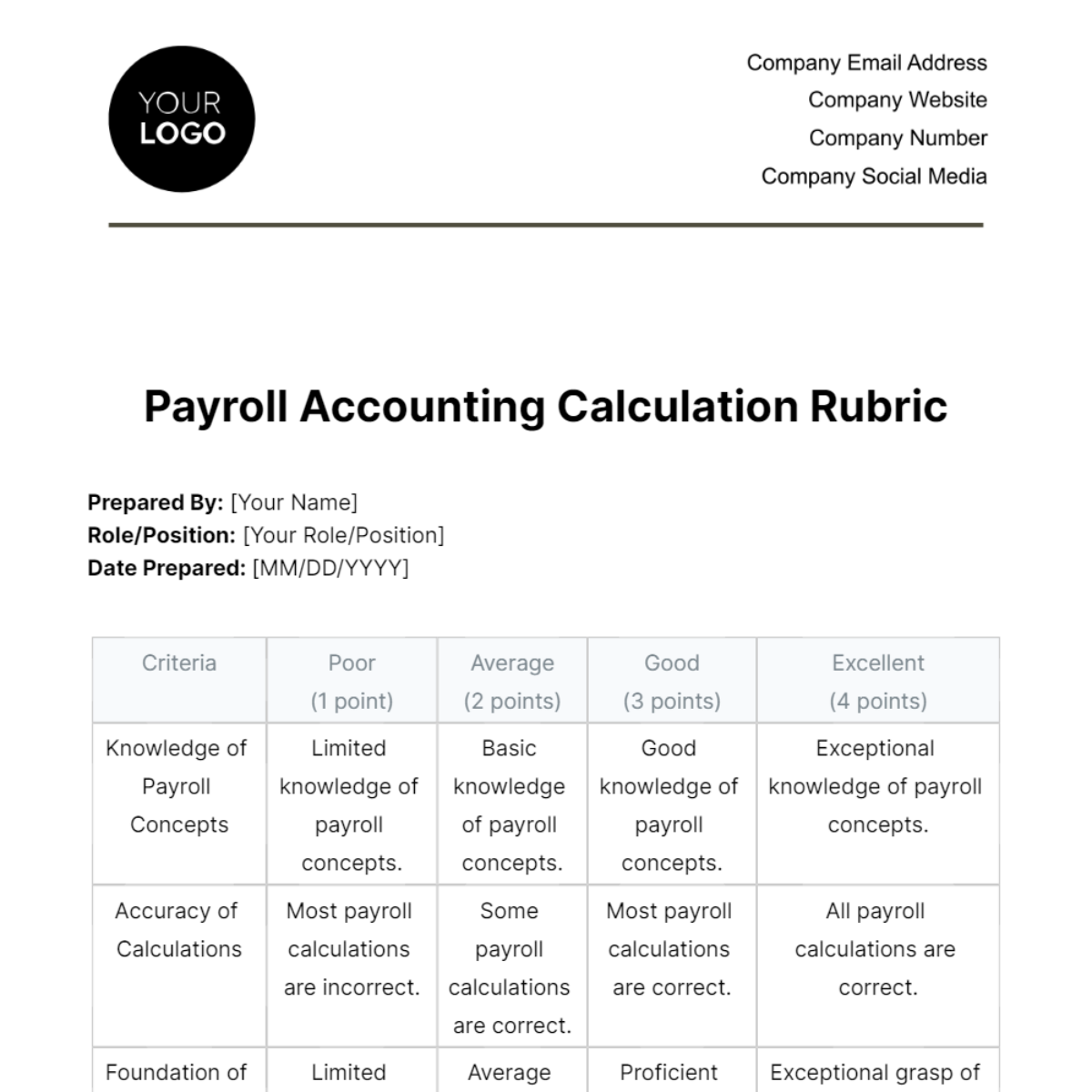 Payroll Accounting Calculation Rubric Template - Edit Online & Download ...