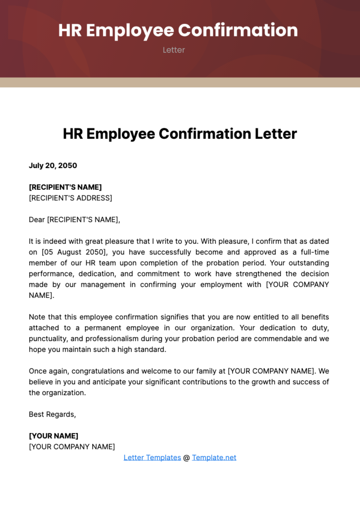 Free HR Employee Confirmation Letter Template To Edit Online