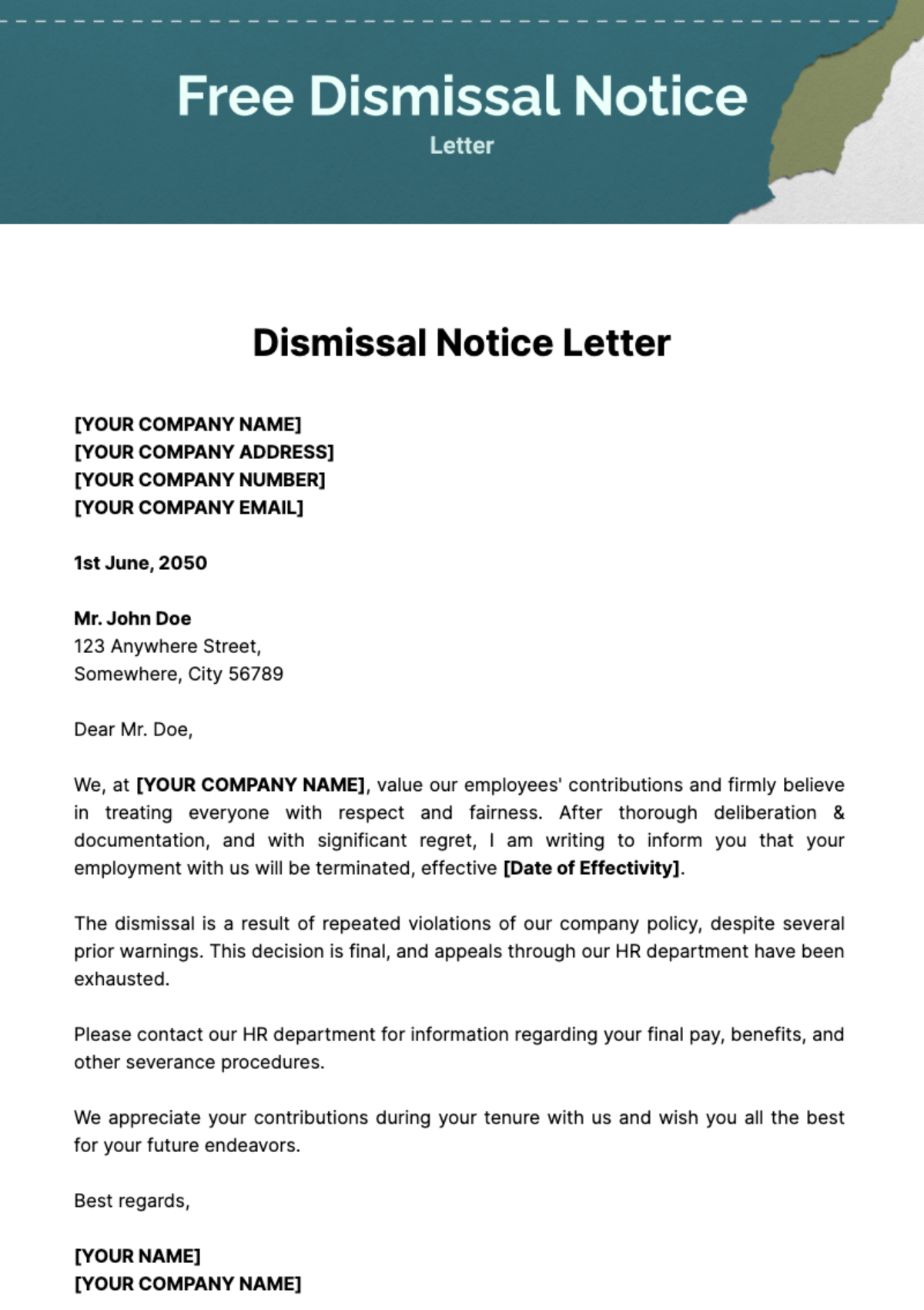 Free Dismissal Notice Letter Template To Edit Online