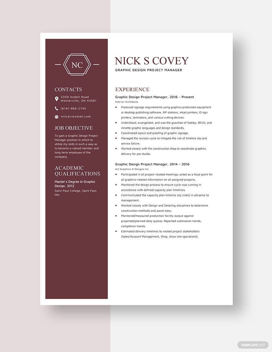 Free Graphic Design Project Manager Resume Word Apple Pages Template