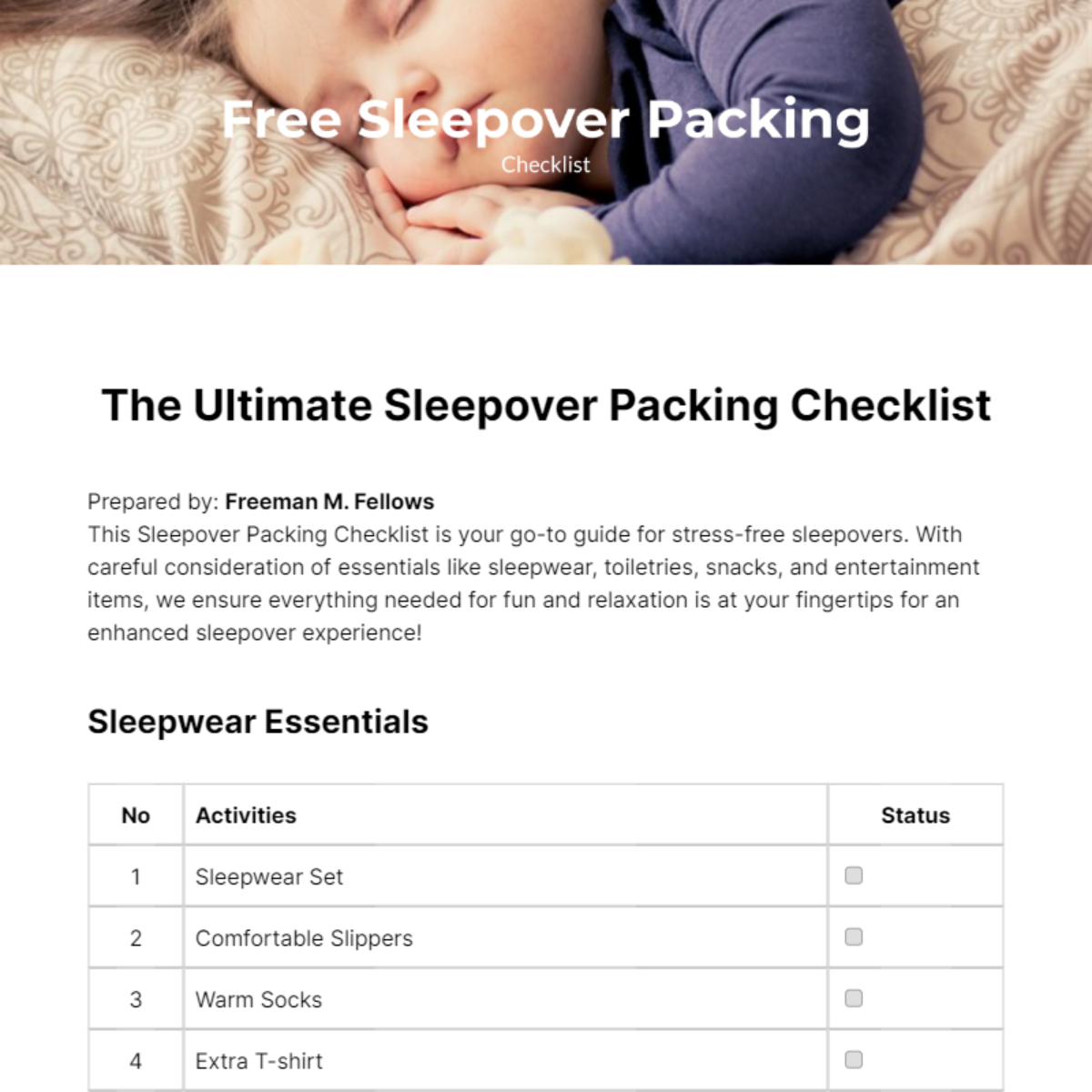 Sleepover Packing Checklist Template - Download