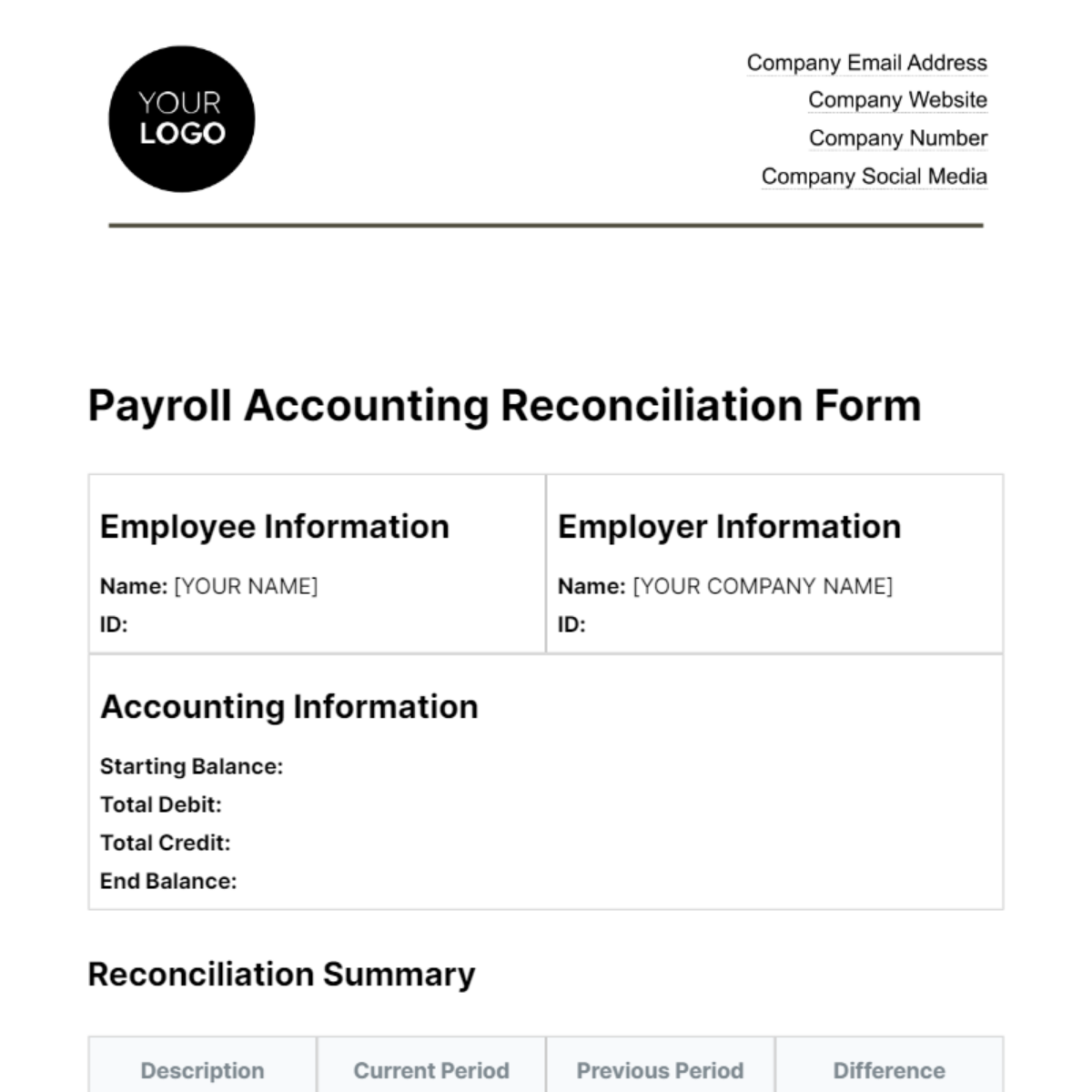 Payroll Accounting Reconciliation Form Template - Edit Online ...