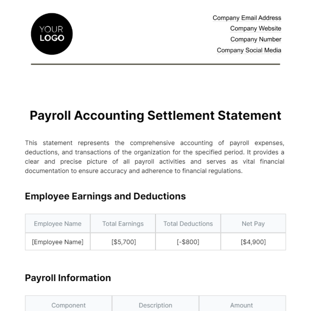 Payroll Accounting Settlement Statement Template - Edit Online ...