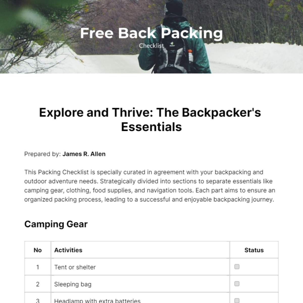 Back Packing Checklist Template - Edit Online & Download Example