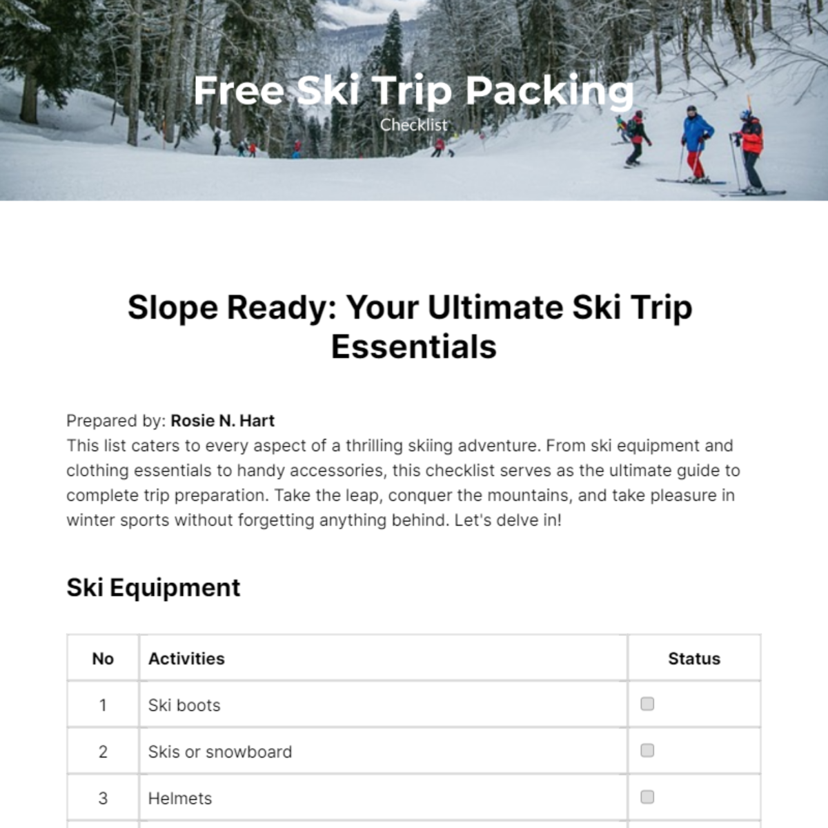 Ski Trip Packing Checklist Template - Download | Template.net
