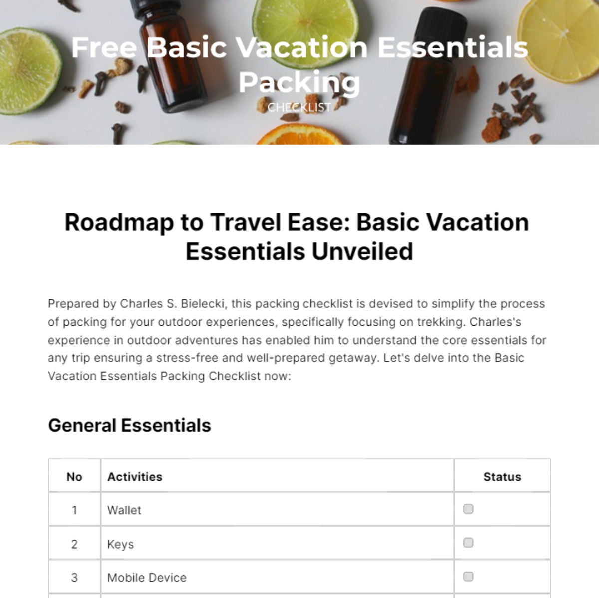 Basic Vacation Essentials Packing Checklist Template - Edit Online ...