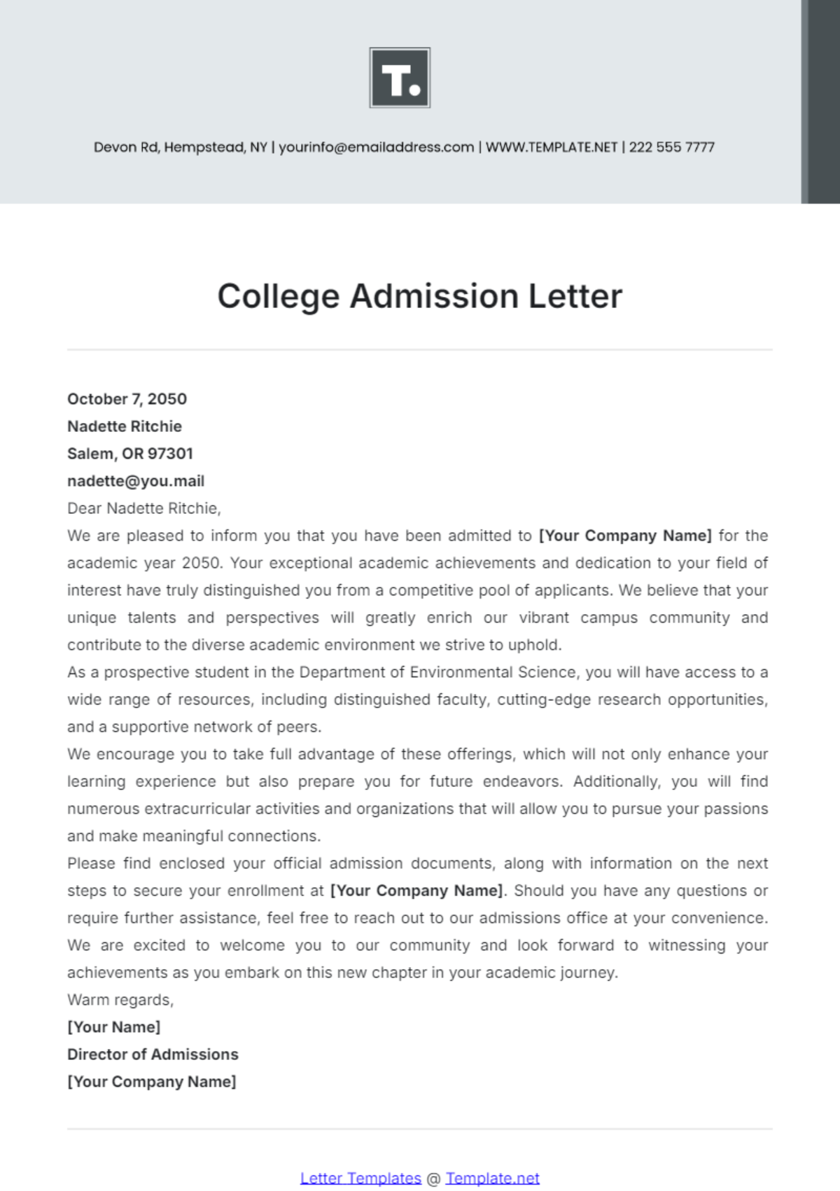Free College Admission Letter Template - Edit Online & Download ...