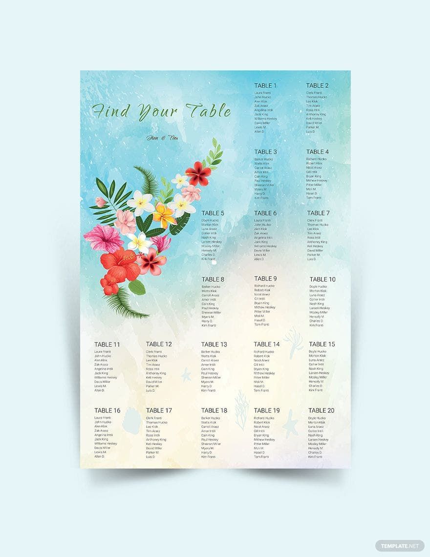 Beach Wedding Seating Chart Template Download In Illustrator PSD 