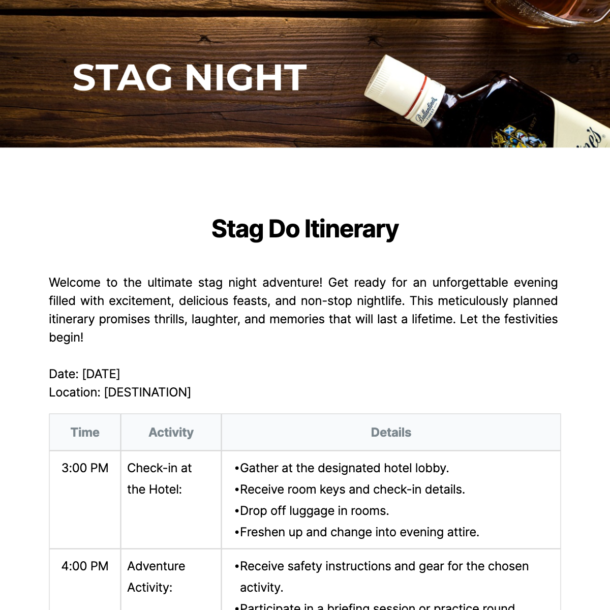 Stag Do Itinerary Template - Edit Online & Download Example | Template.net