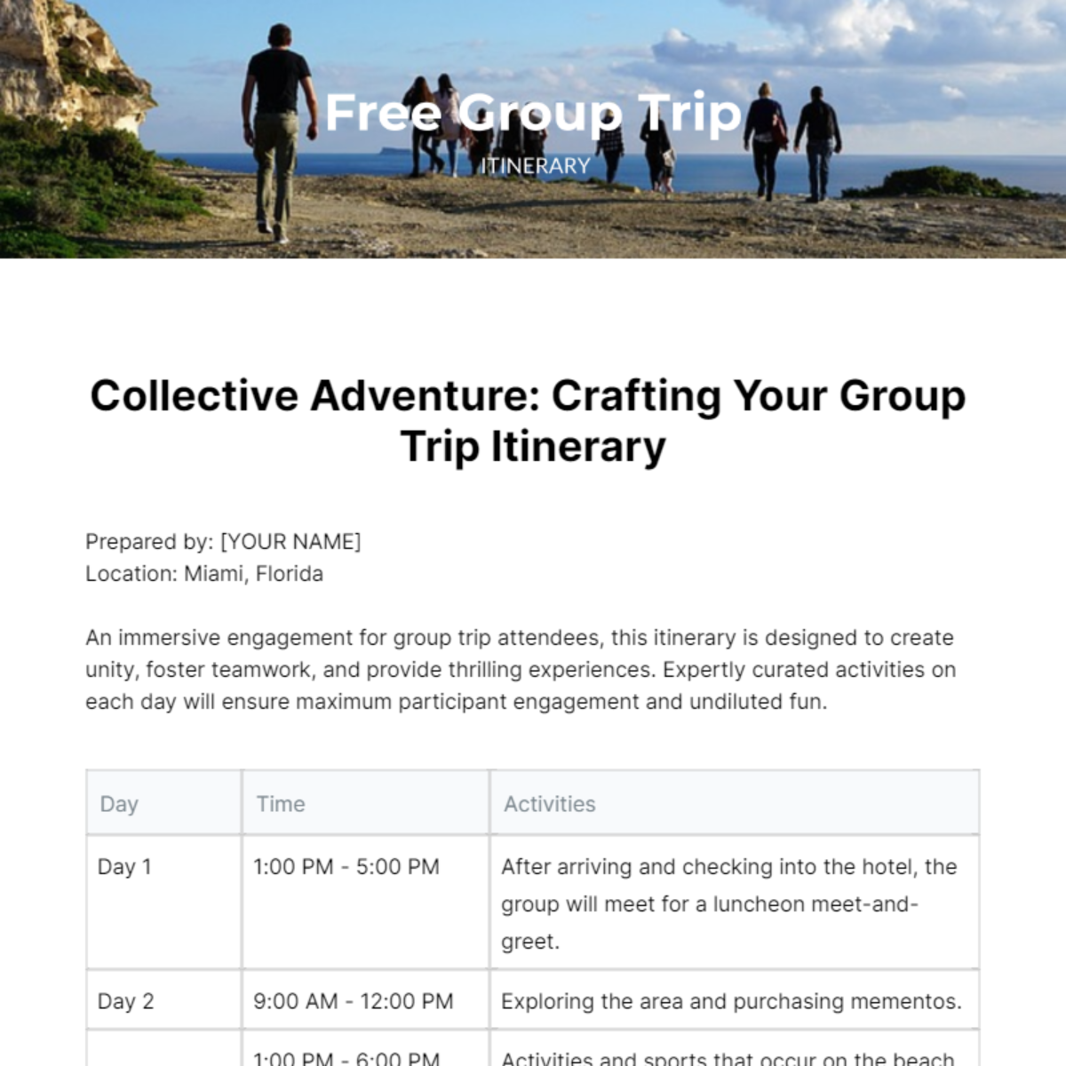 Group Trip Itinerary Template - Edit Online & Download Example | Template.net