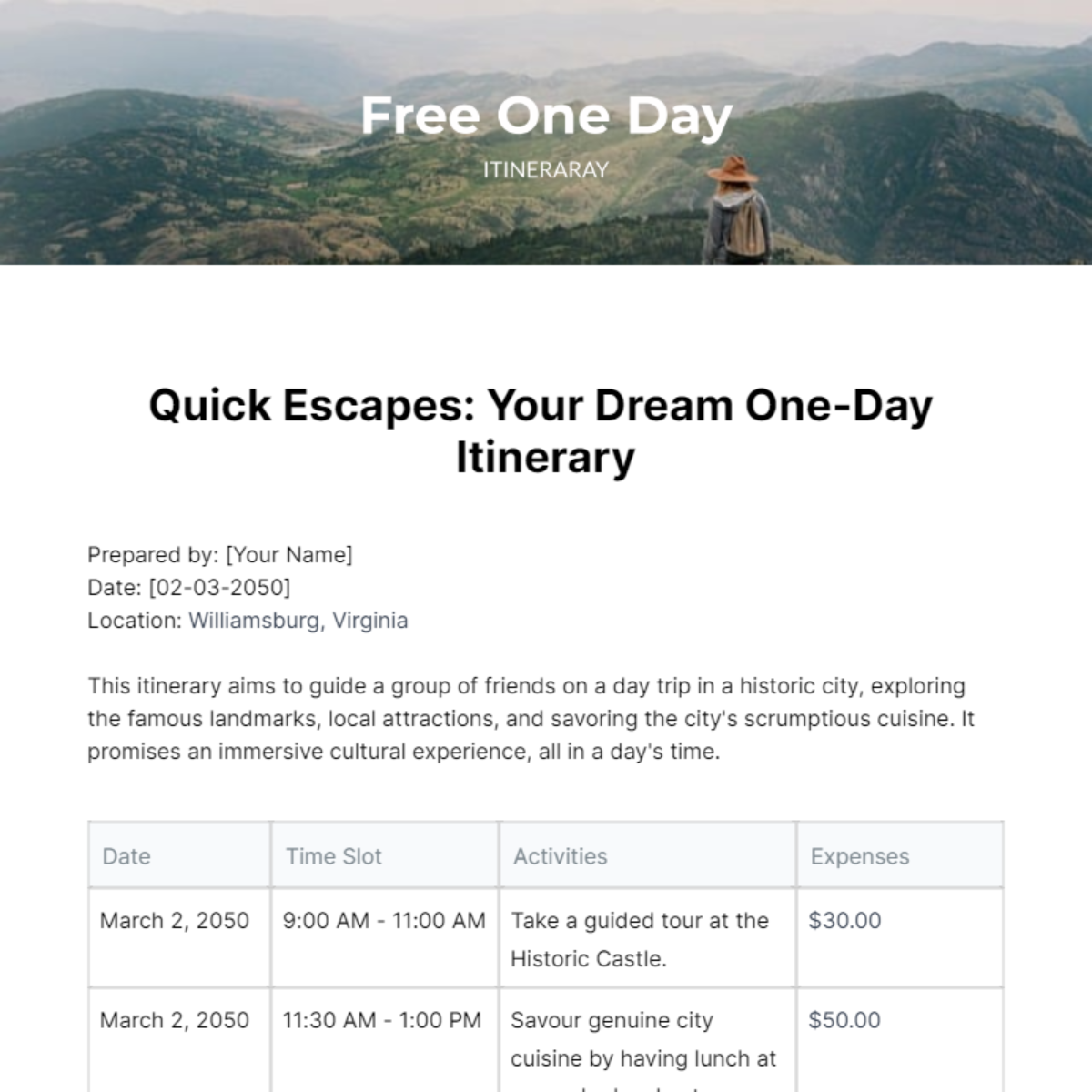 One Day Itinerary Template - Edit Online & Download Example