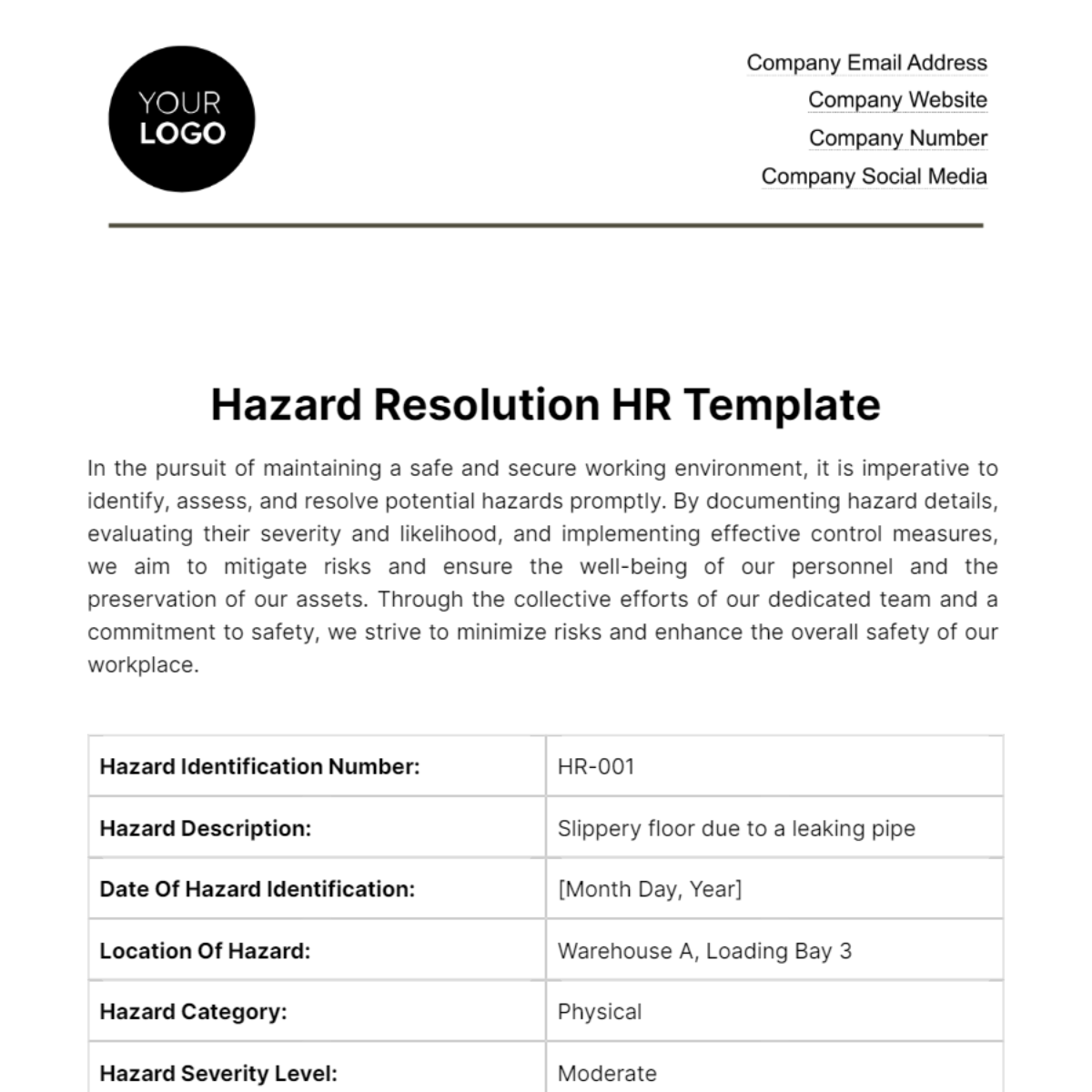 Hazard Resolution HR Template - Edit Online & Download Example